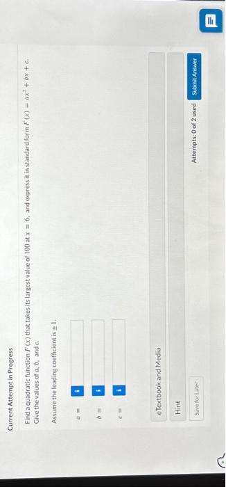 Solved Current Attempt in Progress Find a quadratic function | Chegg.com