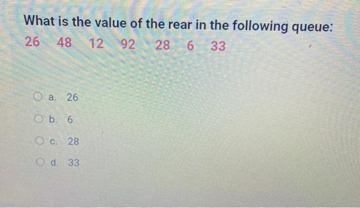 Solved What is the value of the rear in the following queue: | Chegg.com