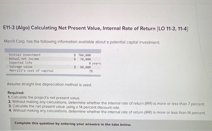 Solved E11-3 (Algo) Calculating Net Present Value, Internal | Chegg.com