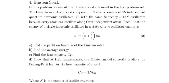 Solved 4. Einstein Solid. In this problem we revisit the | Chegg.com