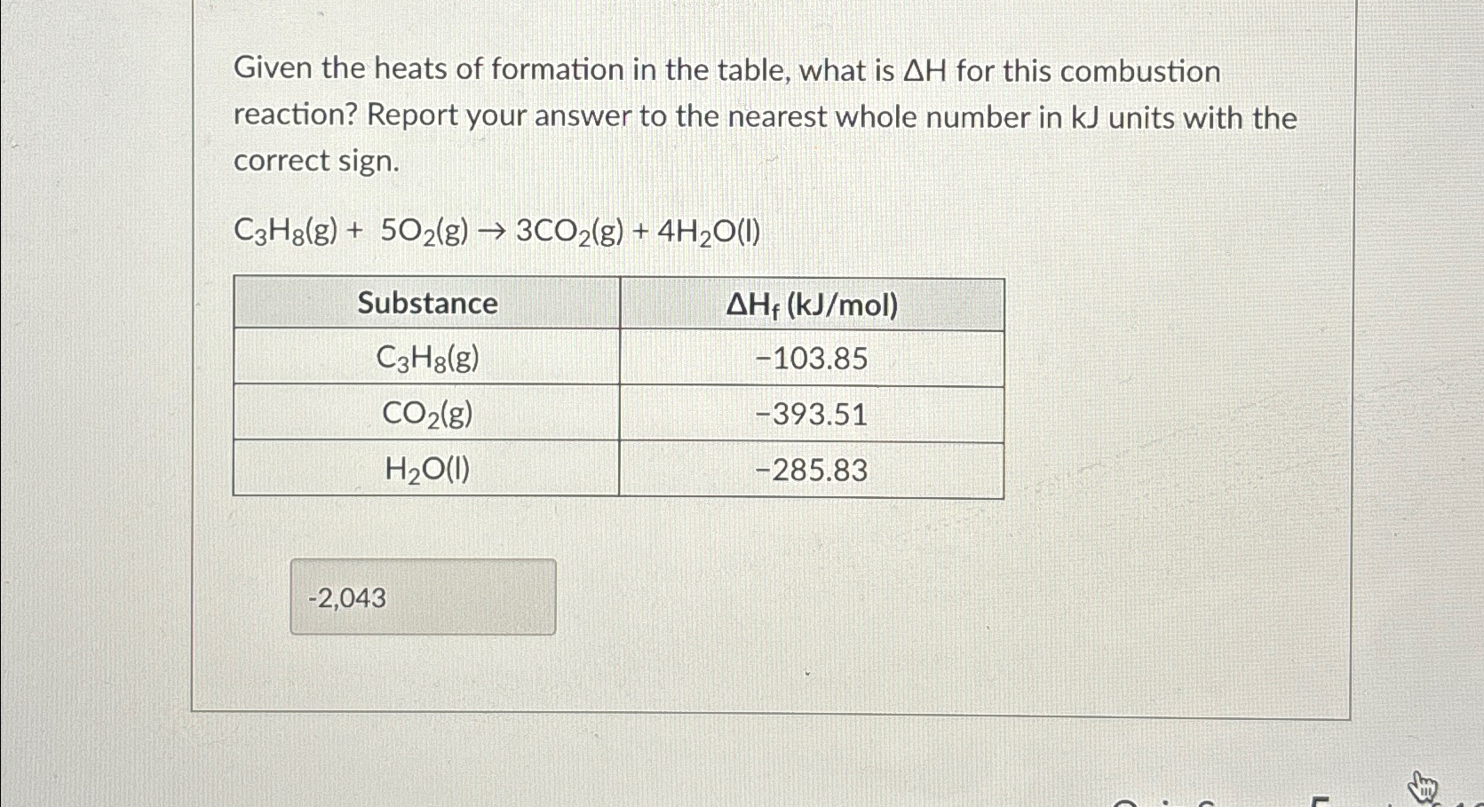 Given the heats of formation in the table, what is ΔH | Chegg.com