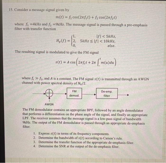Solved 15. Consider a message signal given by | Chegg.com