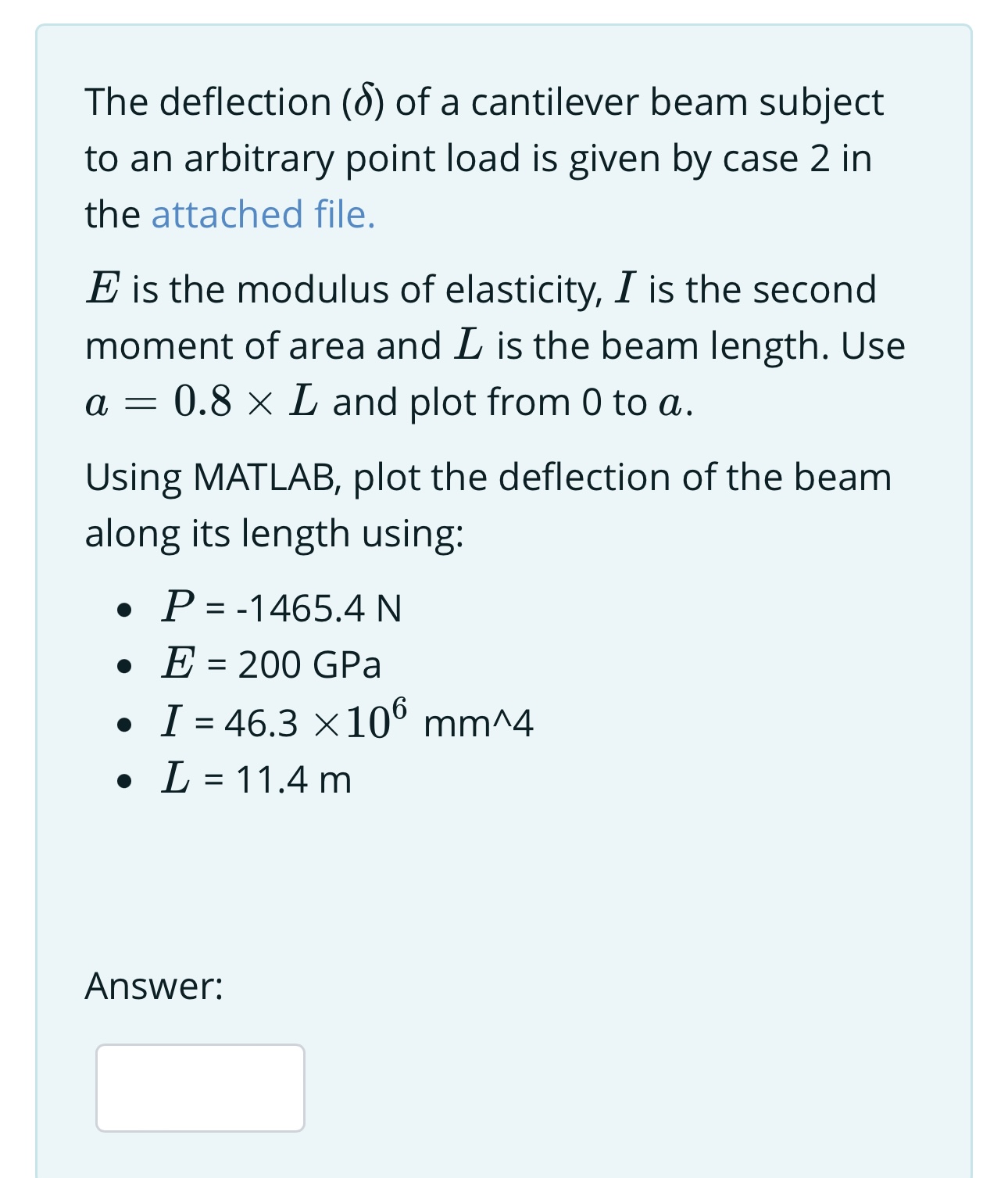 Solved The deflection (δ) ﻿of a cantilever beam subjectto an | Chegg.com