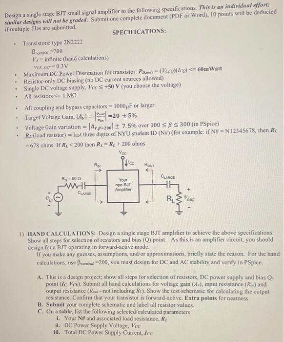 Design a single stage BJT small signal amplifier to | Chegg.com