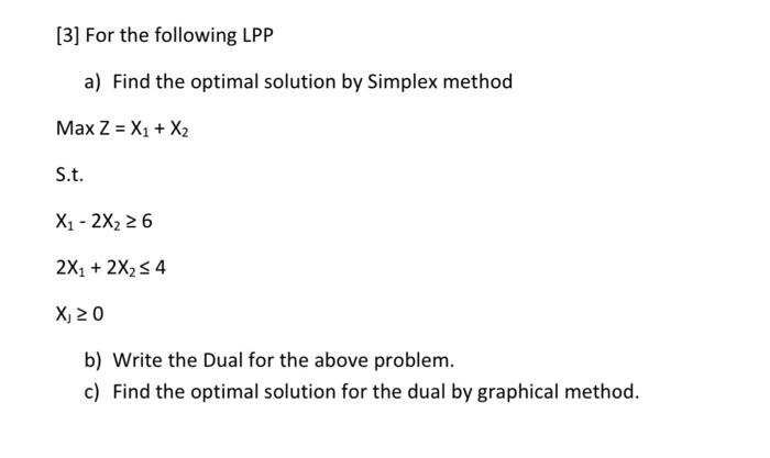 Solved [3] For the following LPP a) Find the optimal | Chegg.com