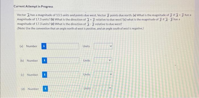 Solved Vector A has a magnitude of 13.1 units and points due | Chegg.com
