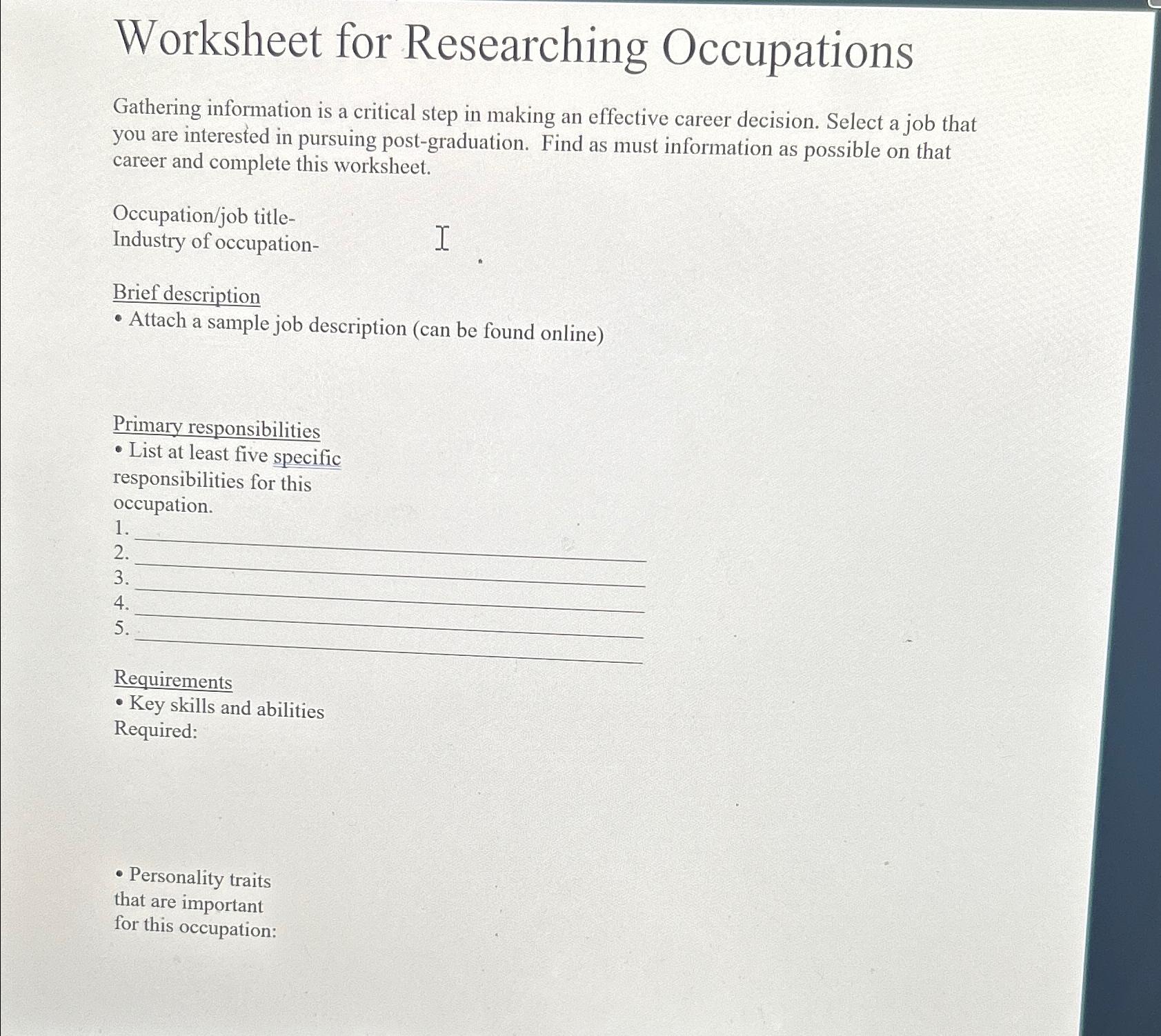 Solved Worksheet for Researching OccupationsGathering | Chegg.com