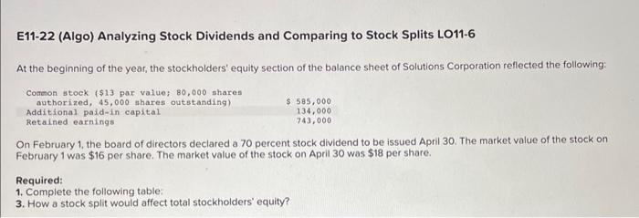 Solved E11-22 (Algo) Analyzing Stock Dividends and Comparing | Chegg.com