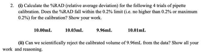 Solved 2. (i) Calculate the %RAD (relative average | Chegg.com