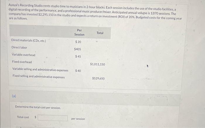 Solved Determine the desired ROI per session. | Chegg.com
