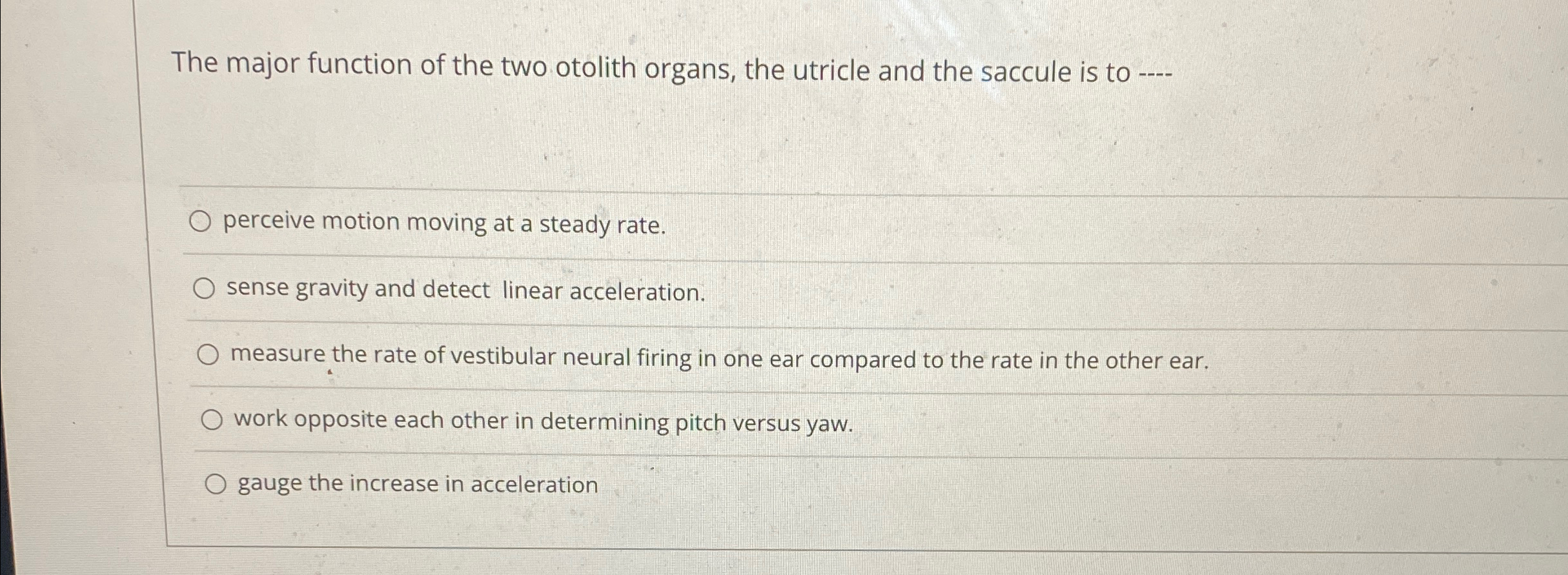 Solved The major function of the two otolith organs, the | Chegg.com