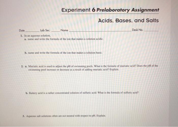 Solved Experiment 6 Prelaboratory Assignment Acids, Bases, | Chegg.com