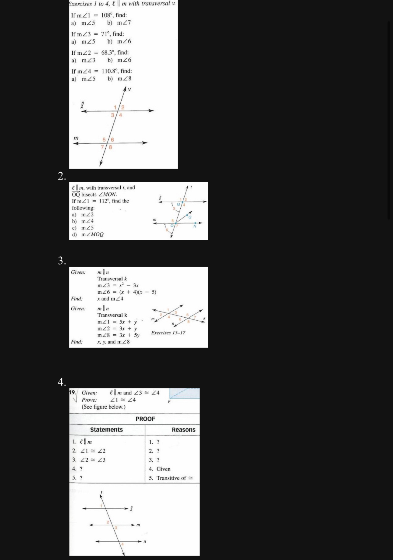 Solved Exercises 1 ﻿to 4,l||m ﻿with transversal v.If | Chegg.com