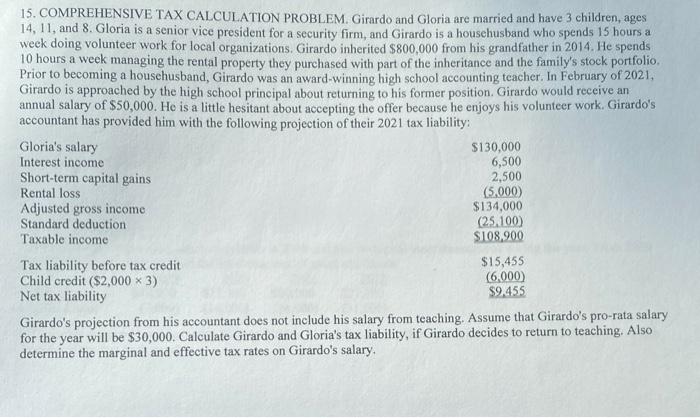 Solved 15. COMPREHENSIVE TAX CALCULATION PROBLEM. Girardo | Chegg.com