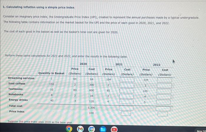 Solved 1. Calculating Infiation using a simple price Index | Chegg.com