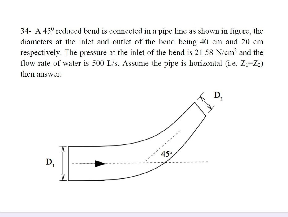 Solved 34- A 45° reduced bend is connected in a pipe line as | Chegg.com