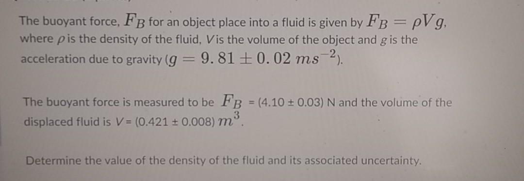 Solved The buoyant force, Fb for an object place into a | Chegg.com