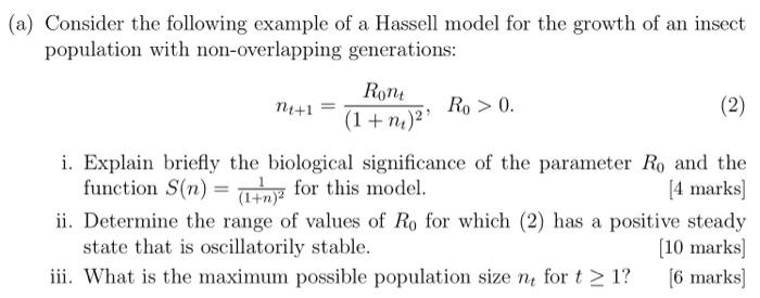Solved (a) Consider the following example of a Hassell model | Chegg.com