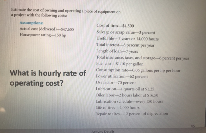 Solved Operating Cost (per hour): Tire depreciation = | Chegg.com