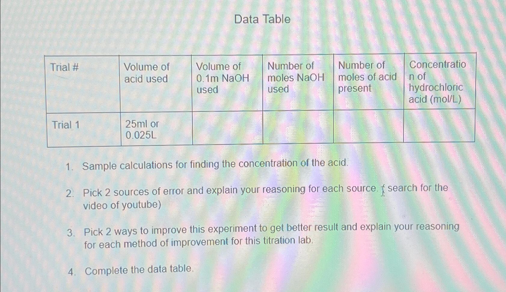 Solved Data Table\table[[Trial #,\table[[Volume of],[acid | Chegg.com