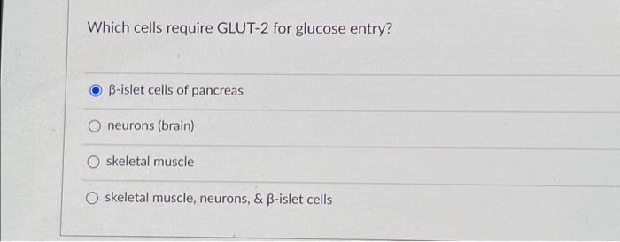 Solved Which cells require GLUT-2 for glucose entry? B-islet | Chegg.com
