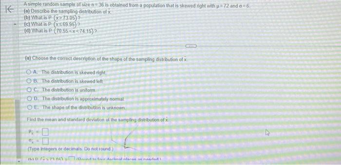 Solved A simple random sample of size n=36 is obtained from | Chegg.com