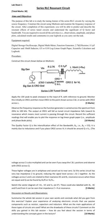 Solved Lab Sheet1 Series RLC Resonant Circuit Total Marks: | Chegg.com