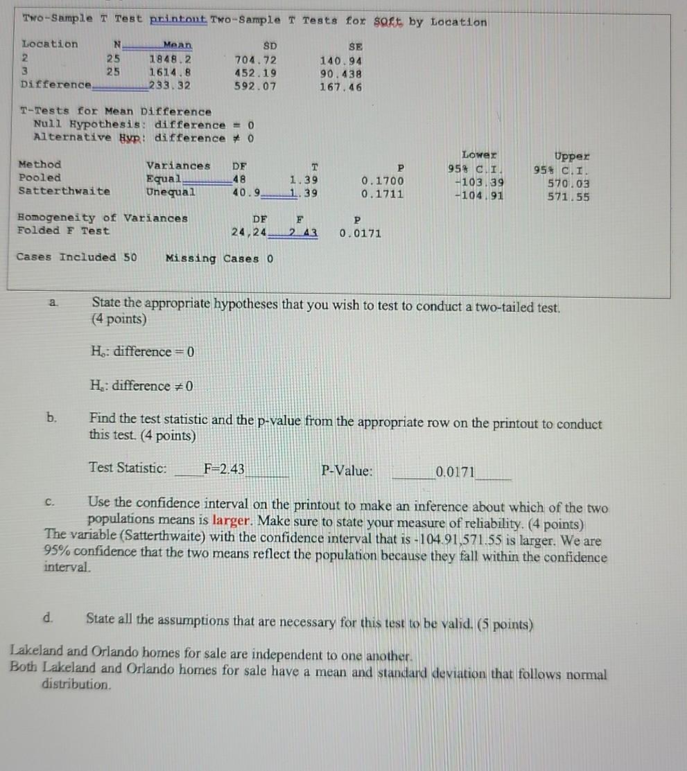Solved TWO-Sample T Test printout. TWO-Sample T Tests for | Chegg.com