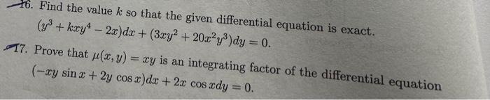 Solved 16. Find the value k so that the given differential | Chegg.com