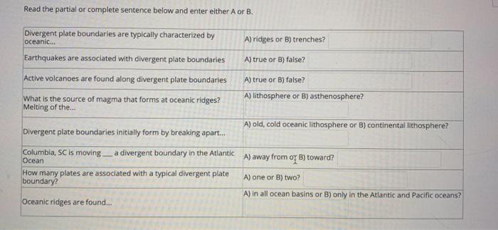 Solved read the partial or complete sentence below and enter | Chegg.com