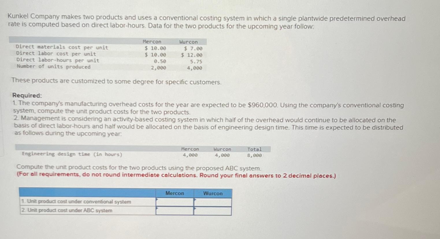 Solved Kunkel Company makes two products and uses a | Chegg.com