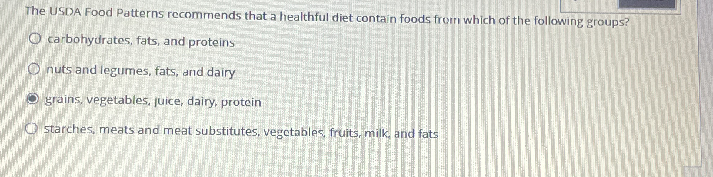 Solved The USDA Food Patterns recommends that a healthful | Chegg.com