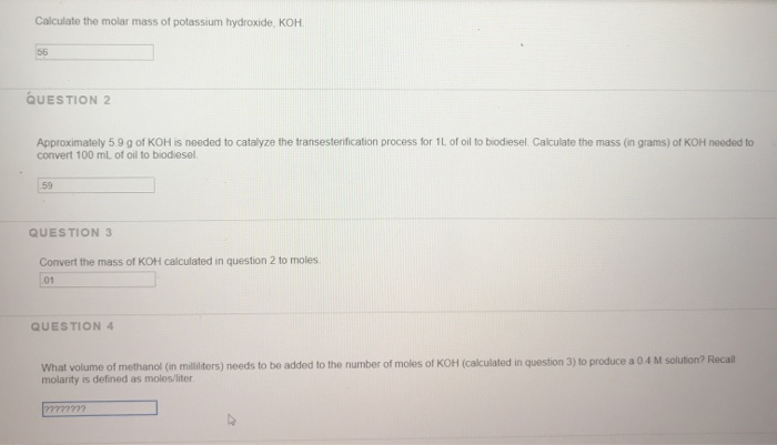 Solved Calculate the molar mass of potassium hydroxide, KOH. | Chegg.com