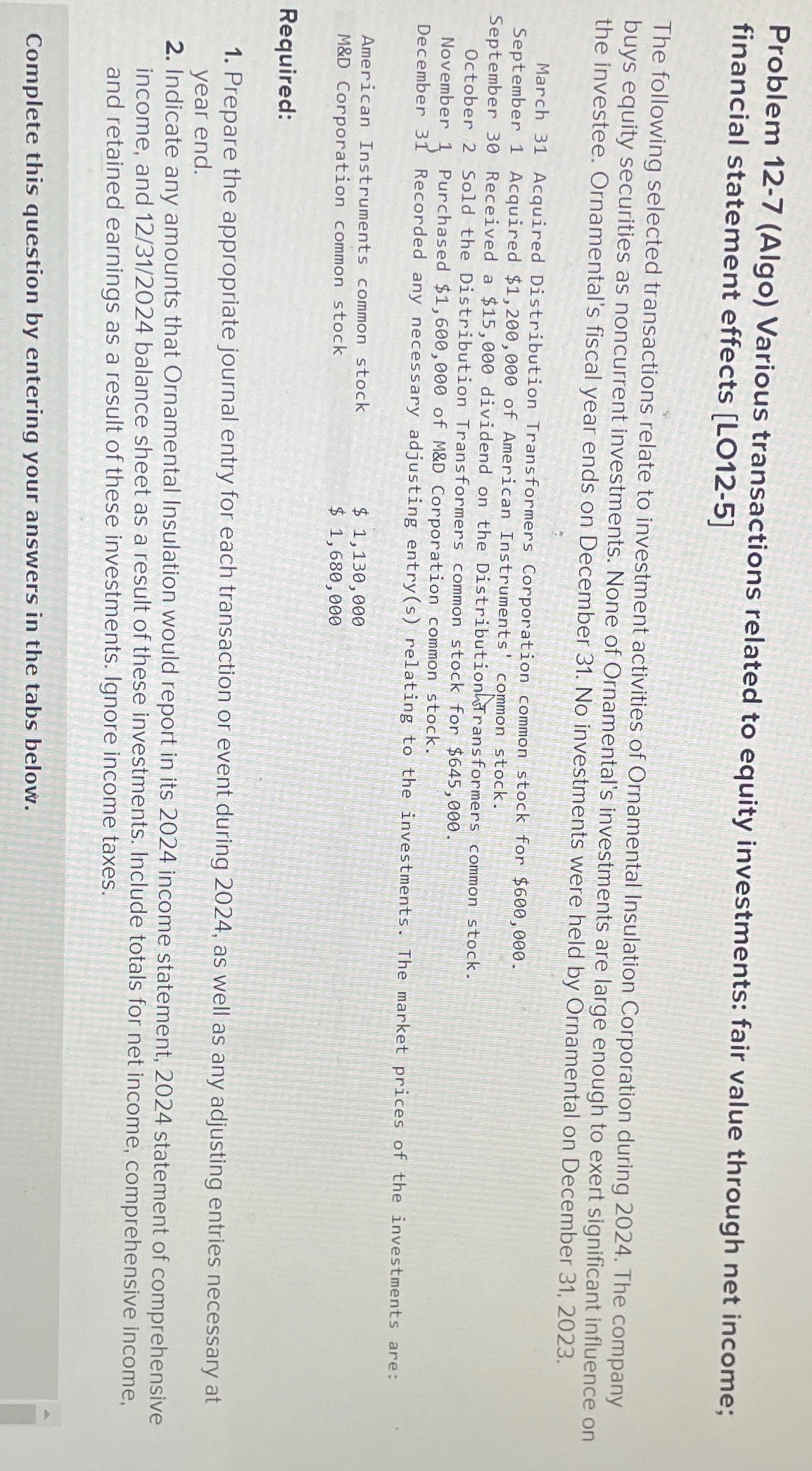 Solved Problem 12-7 (Algo) ﻿Various transactions related to | Chegg.com