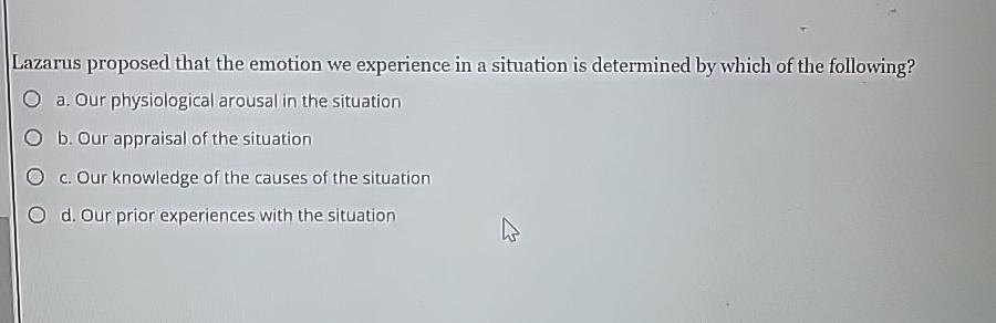 Solved Lazarus proposed that the emotion we experience in a | Chegg.com
