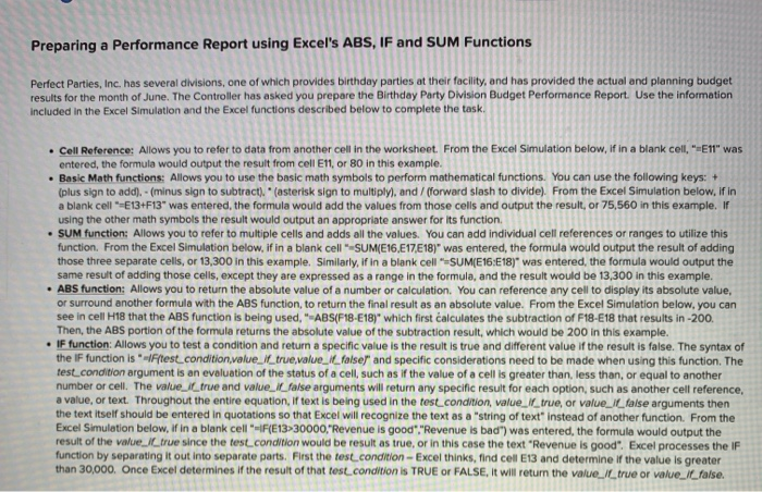 Solved Preparing a Performance Report using Excel's ABS, IF | Chegg.com