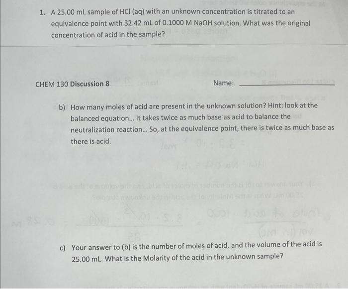 Solved 1. A 25.00 mL sample of HCl (aq) with an unknown | Chegg.com