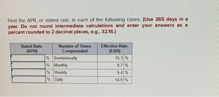 Solved Find the APR, or stated rate, in each of the | Chegg.com