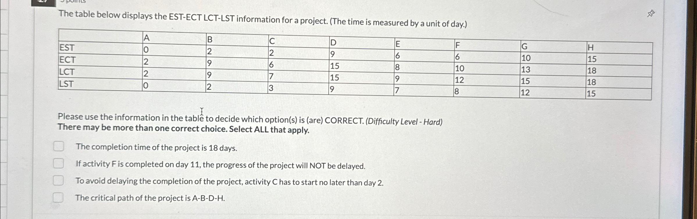 Solved The table below displays the EST-ECT LCT-LST | Chegg.com