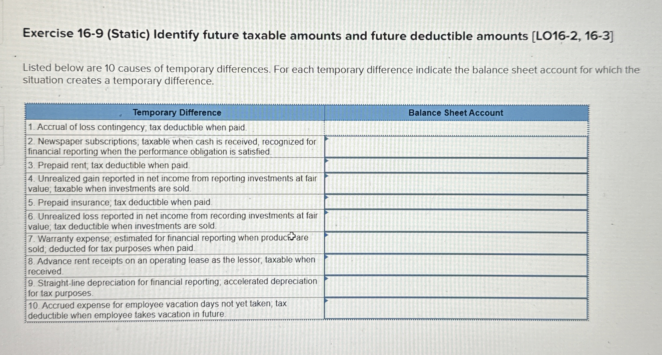 Solved Exercise 16-9 (Static) ﻿Identify future taxable | Chegg.com