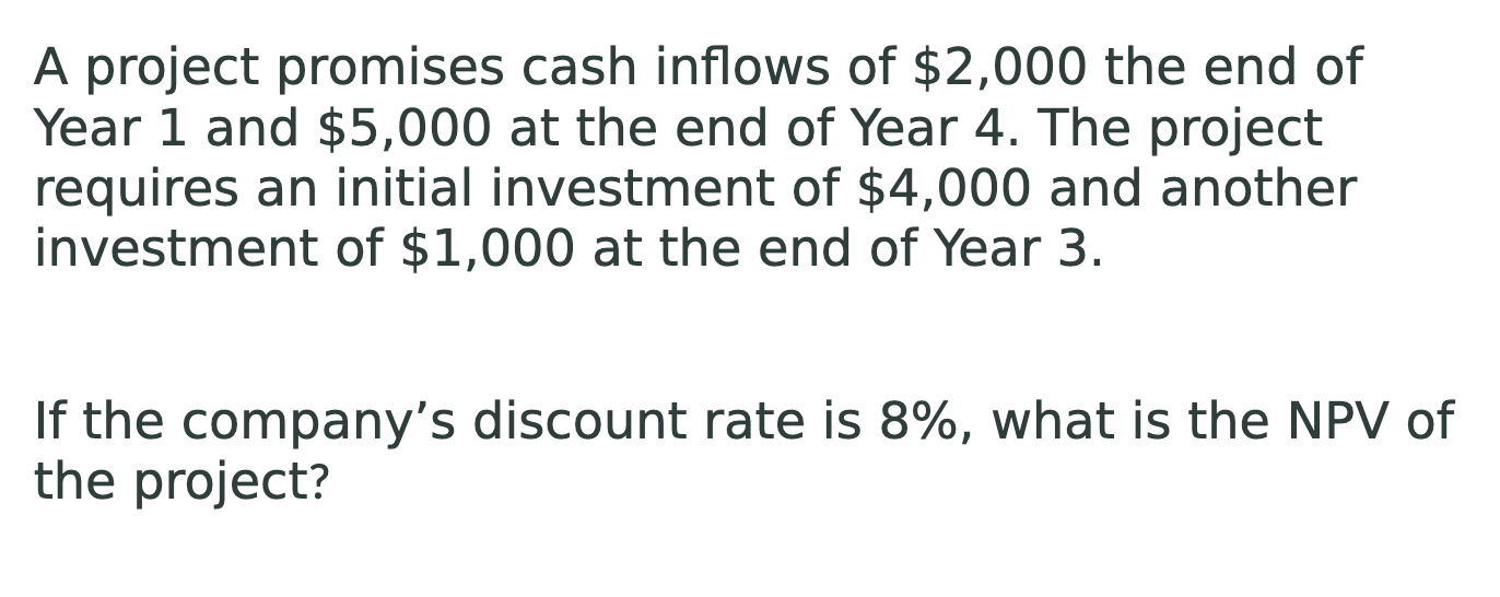 Solved A project promises cash inflows of $2,000 ﻿the end | Chegg.com