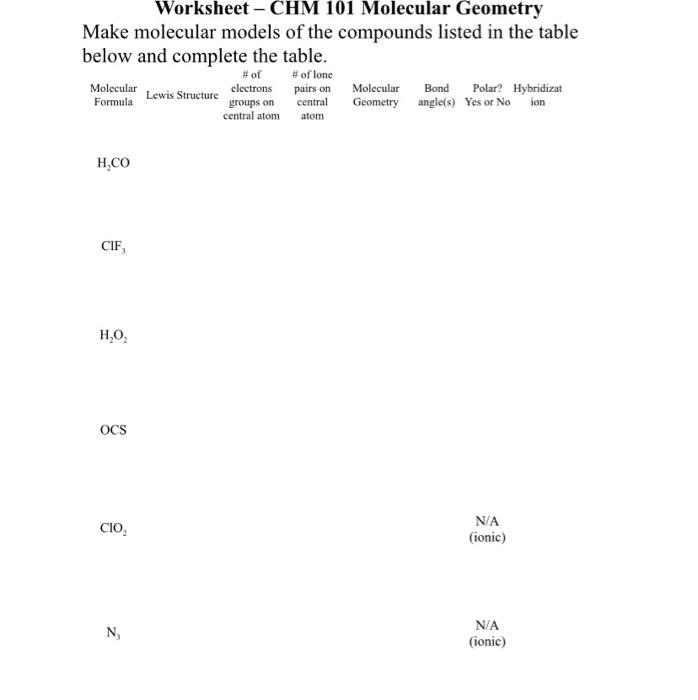 Solved Worksheet - CHM 101 Molecular Geometry Make molecular | Chegg.com