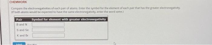 Solved CHEMWORK Compare the electronegativities of each pair | Chegg.com