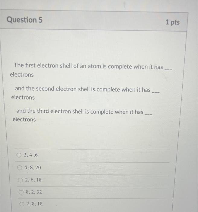 Solved Question 5 The first electron shell of an atom is | Chegg.com