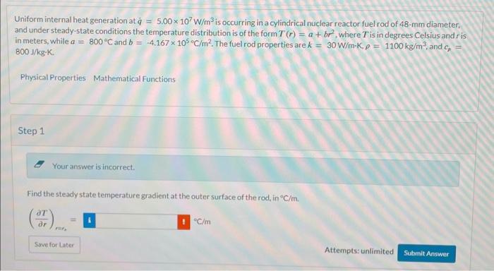 Solved Uniform internal heat generation at q˙=5.00×107 W/m3 | Chegg.com
