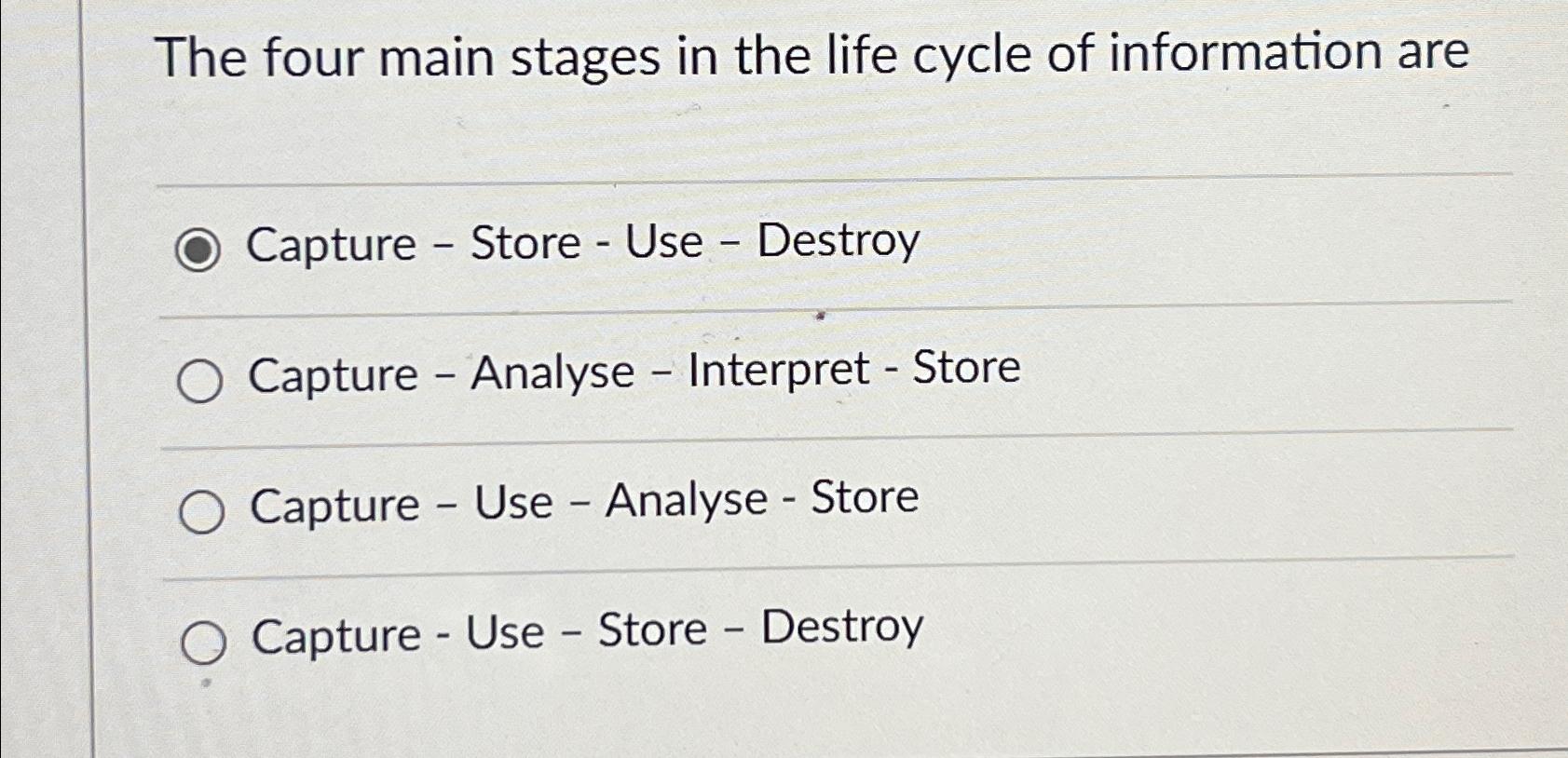 Solved The four main stages in the life cycle of information | Chegg.com