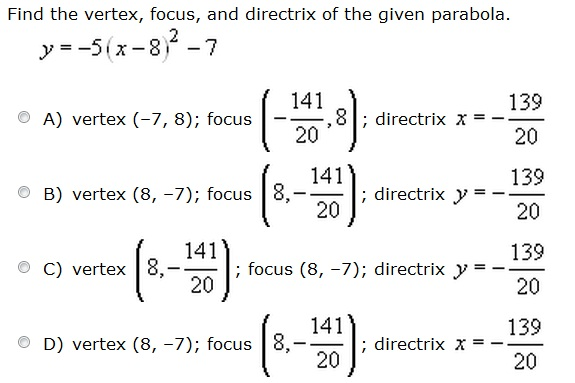 Solved Find the vertex, focus, and directrix of the given | Chegg.com