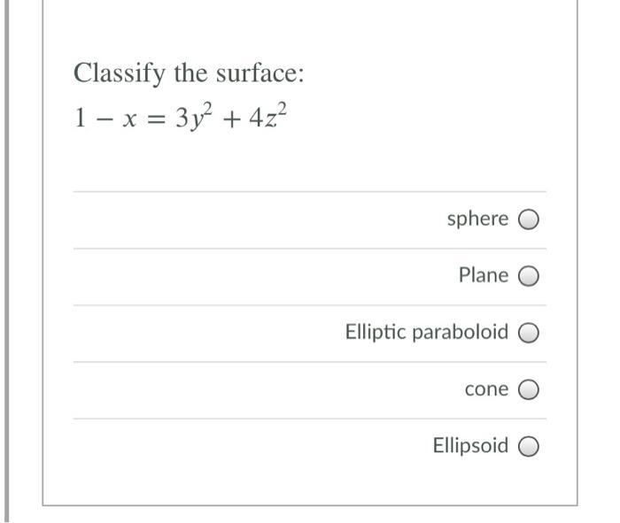 Solved Classify the surface: 1 - x = 3y2 + 4z2 sphere Plane | Chegg.com