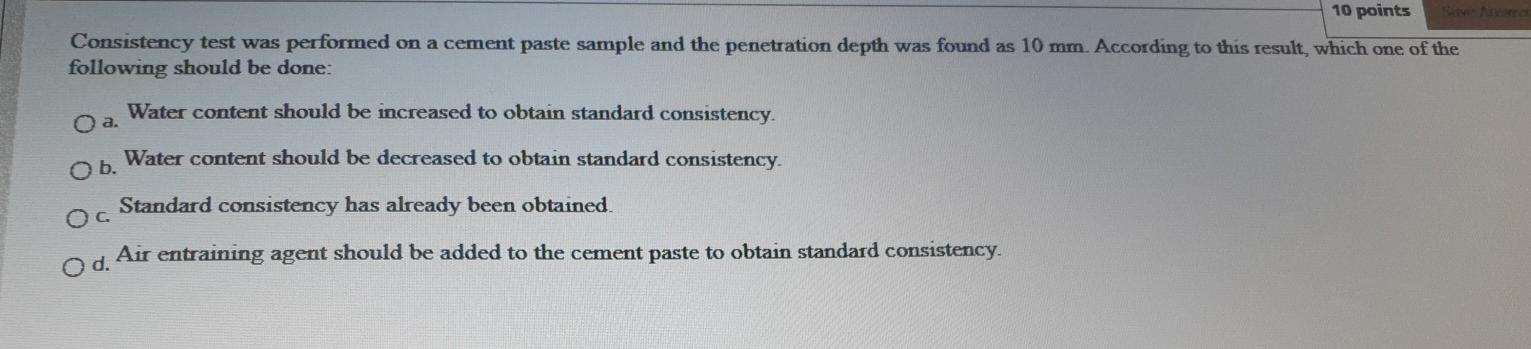 Solved 10 points Consistency test was performed on a cement | Chegg.com