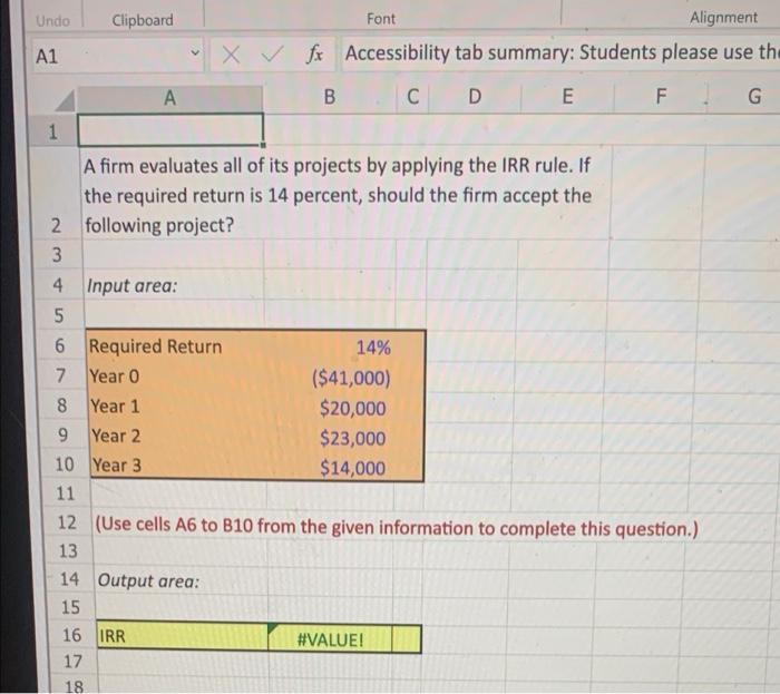 Solved (Use cells A6 to B10 from the given information to | Chegg.com